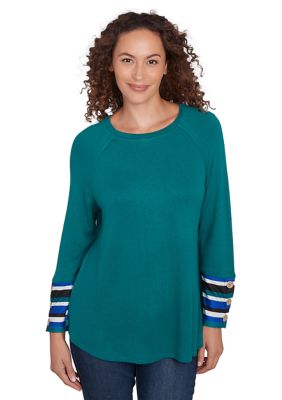 Ruby Rd Plus Size Crew Neck Solid Hatchi Knit Top with Striped Cuff ...