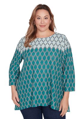 Ruby Rd Plus Size Ballet Neck Scalloped Medallion Border Print Hatchi Sharkbite Top | Belk