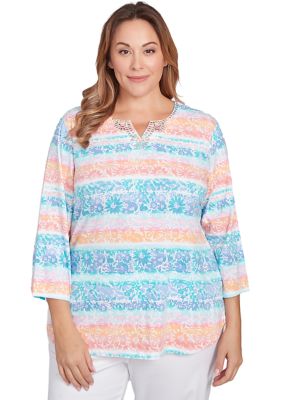 Ruby Rd Plus Size Embellished Watercolor Stripe Print Top | belk