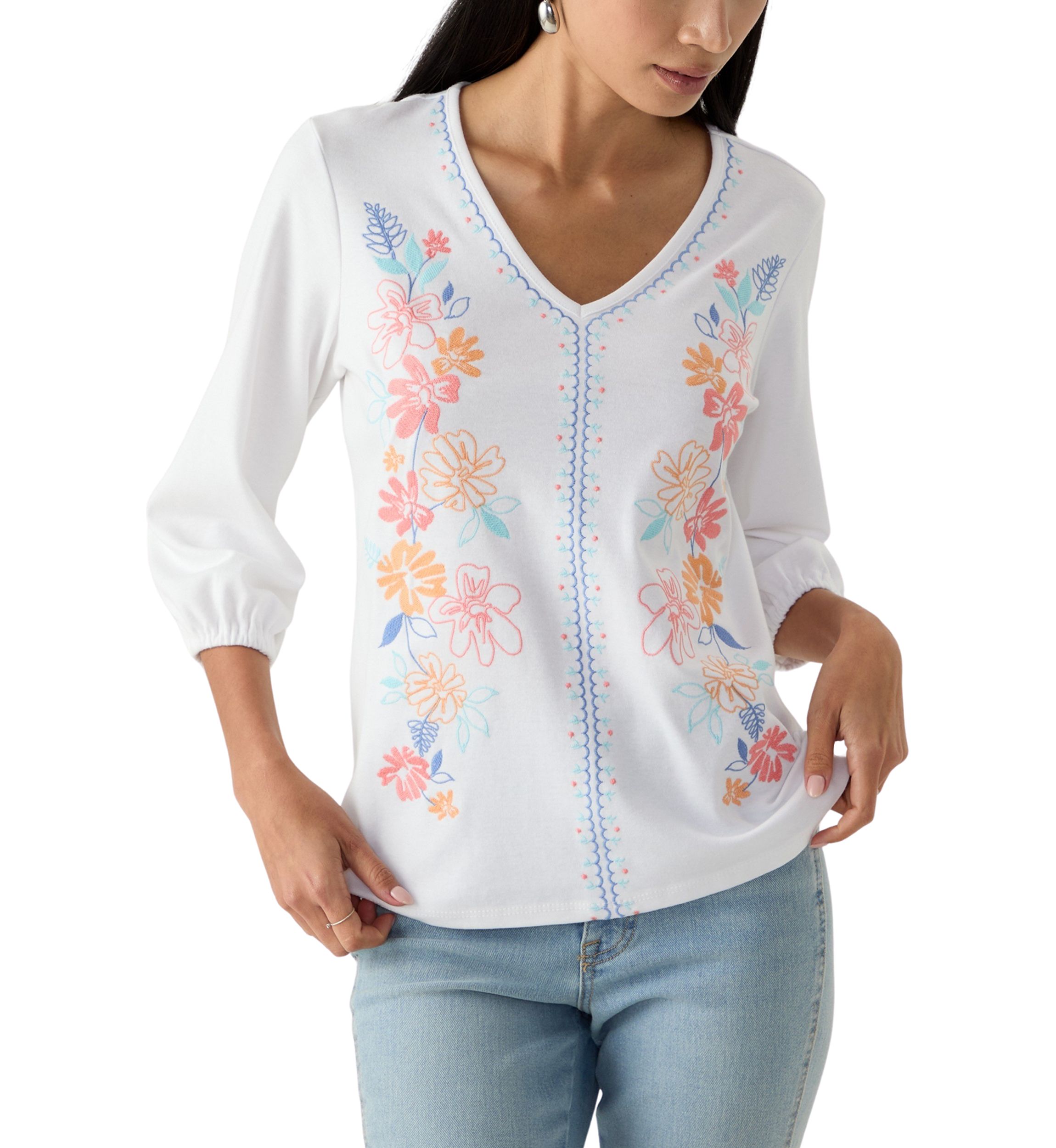 Ruby Rd Petite Floral Embroidered Solid Knit Top | Belk