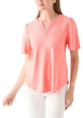 Ruby Rd Petite Split Neck Texture Solid Knit Top With Short Ruffle Sleeves | belk