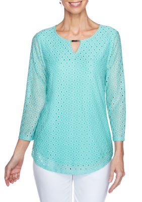 Ruby Rd Women's Tropical Solid Eyelet Knit Top | belk