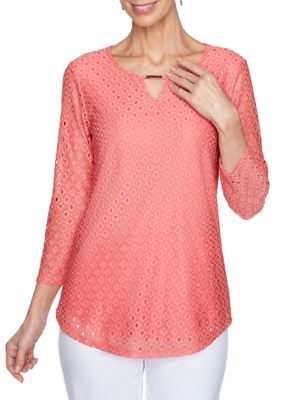 Ruby Rd Women's Tropical Solid Eyelet Knit Top | belk