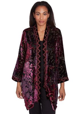 Ruby Rd Women's Open Front Velvet Burnout Cardigan with Embroidered ...