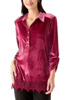 Ruby Rd Shirt Collar Stretch Velvet Top With Lace Trim Detail and Three ...