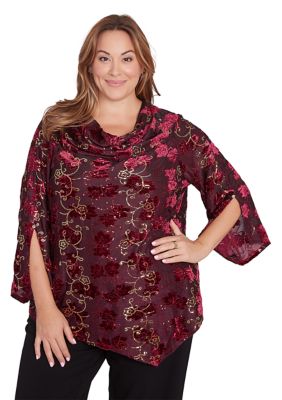 Ruby Rd Plus Size Scooped Cowl Neck Sequin Velvet Floral Iridescent Top ...