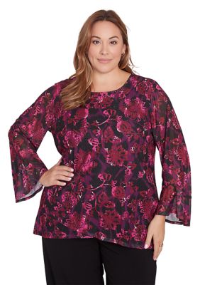Ruby Rd Plus Size Scoop Neck Floral Printed Mesh Top with Bell Sleeves ...