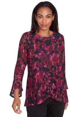 Ruby Rd Petite Scoop Neck Floral Printed Mesh Top with Flounce Sleeves ...