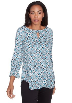Ruby Rd Women's Keyhole Neck Foulard Tiles Print Dew Drop Top | Belk