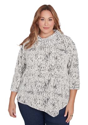 Ruby Rd Plus Size Split Cowl Neck Fois Bois Chenille Jacquard Knit Top With Asymmetric Hem | belk