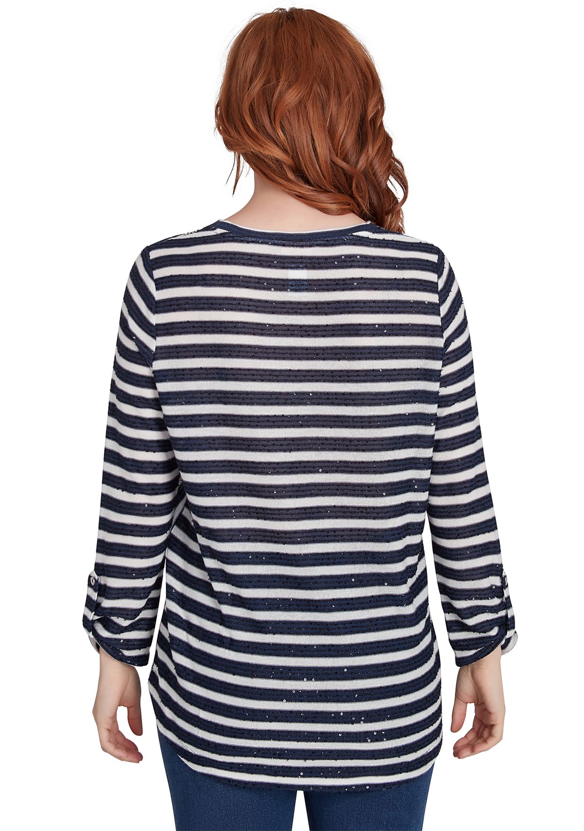 Ruby Rd Petite Scoop Neck Sequin Stripe Knit Top with Spliced Stripe ...