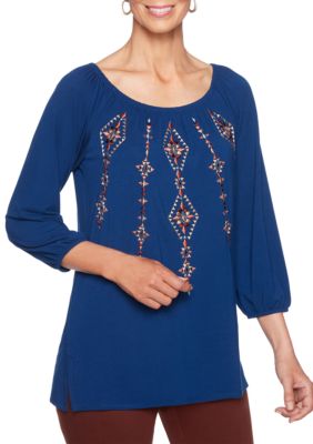 Ruby Rd Petite Three-Quarter Sleeve Embroidered Knit Top | belk