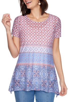 Ruby Rd Women's Lined Knit Burnout Tile Border Printed Handkerchief Top ...