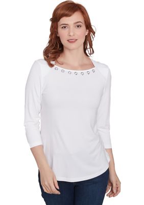 Ruby Rd Women's Embellished Envelope Neck Solid Knit Top | Belk