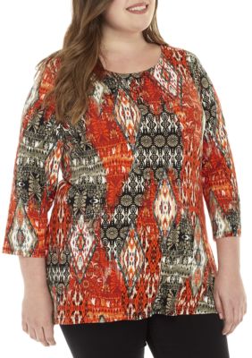 Ruby Rd Plus Size Patchwork Printed Top With Shark-Bite Hem | belk
