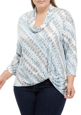 Ruby Rd Plus Size 3/4 Sleeve Tie Dye Striped Side Twist Cowl Neck Top | belk