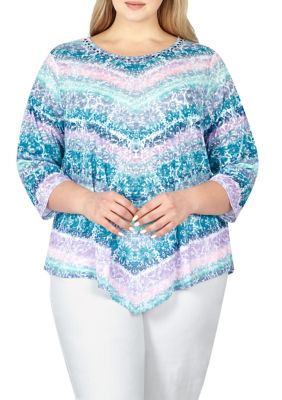 Ruby Rd Plus Size Embellished Floral Striped Burnout Top | belk