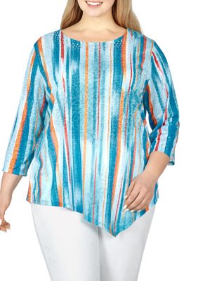 Ruby Rd Plus Size Embellished Watercolor Striped Burnout Top | belk