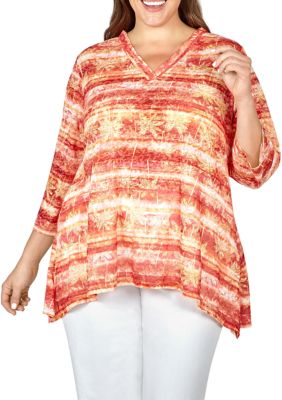 Ruby Rd Plus Size Embellished Tropical Stripe Burnout Top | belk