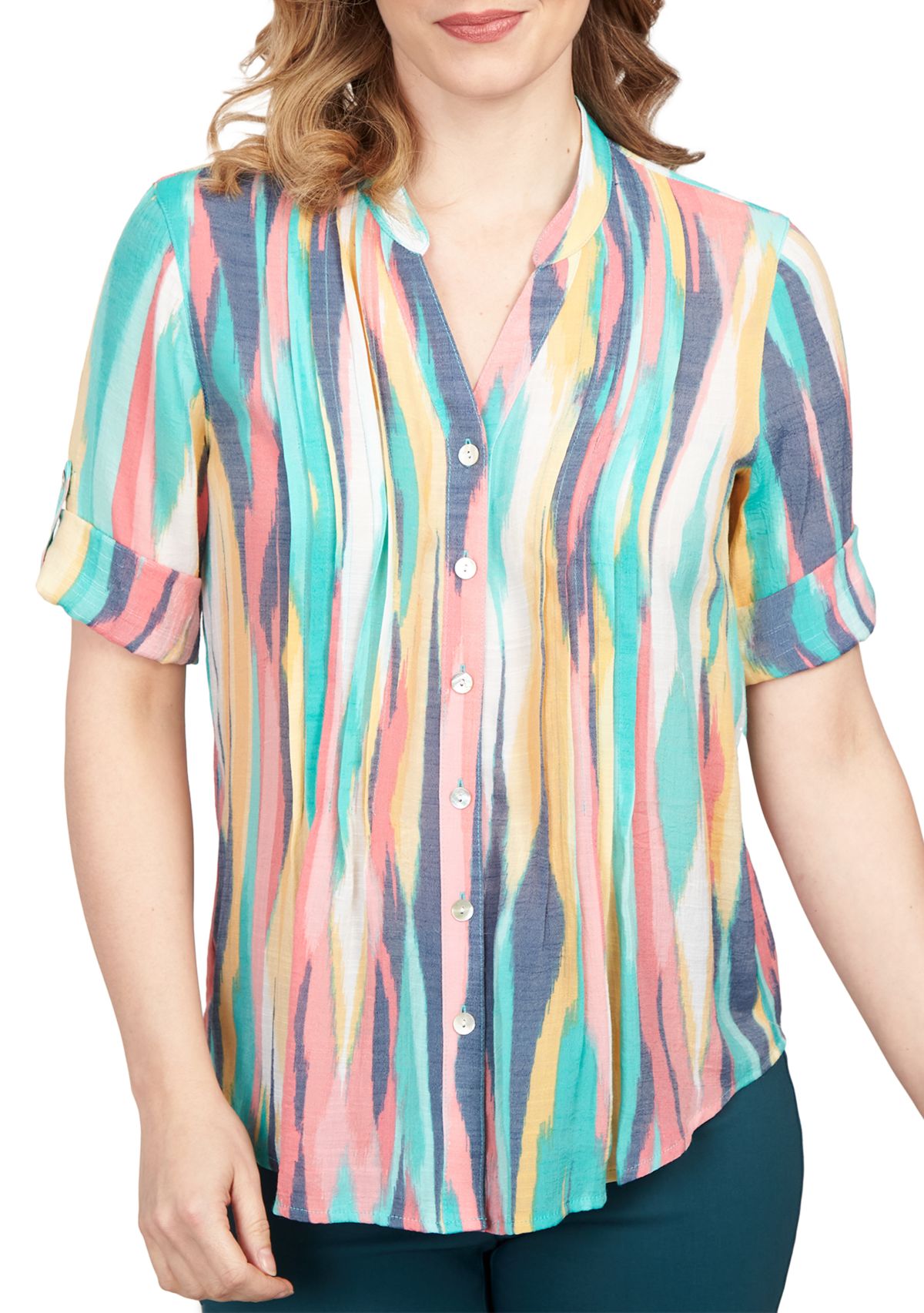 Ruby Rd Women's Ikat Print Button Front Tunic Top | Belk