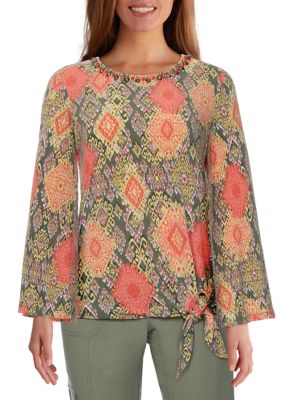 Ruby Rd Women's Batik Chic Embellished Ikat Diamond Printed Top with ...