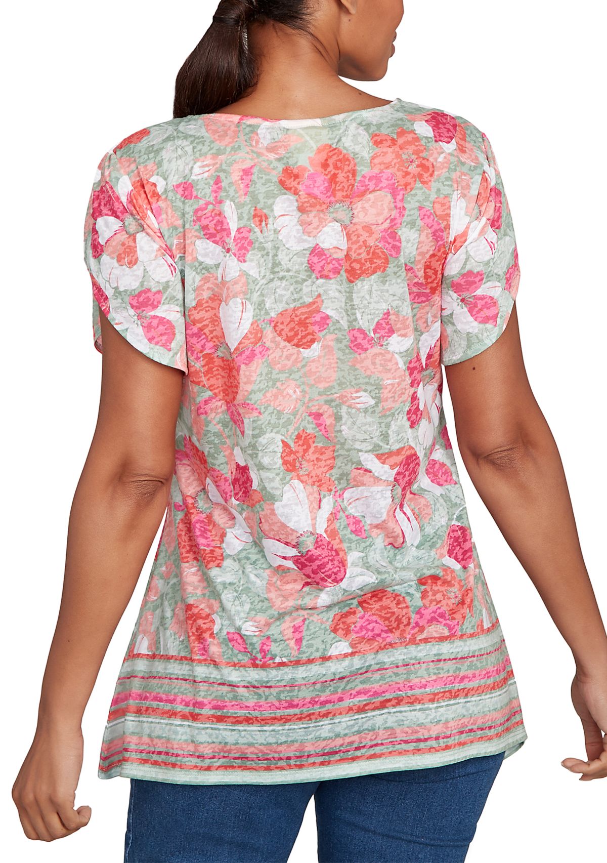 Ruby Rd Petite Floral Striped Border Flutter Sleeve Top | Belk