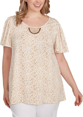 Ruby Rd Plus Size Beaded Macramé Puff Print Top | belk