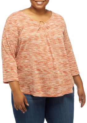 Ruby Rd Plus Size Play It Cool Space-Dye Ribbed Top with Ring Detailing ...