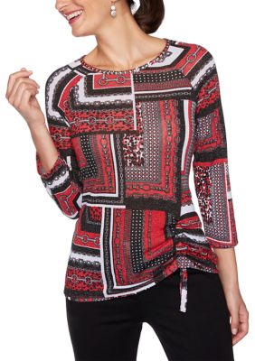 Ruby Rd Women's Paint the Town Red Embellished Patchwork Print Top | belk