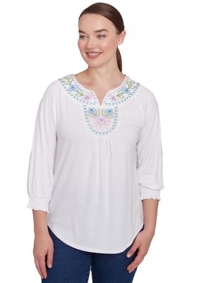 Ruby Rd Petite Scoop Neck With Embroidery Detail Solid Knit Top with Elastic Smocked Sleeve | Belk