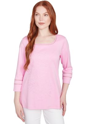 Ruby Rd Petite Square Neck Floral Cording Applique Solid Knit Top | belk