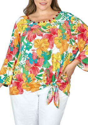 Ruby Rd Plus Size Side-Tie Tropical Embellished Top | belk