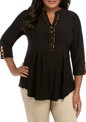 New Directions® Plus Size 3/4 Sleeve Black Jacquard Henley Top with ...