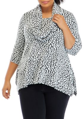 New Directions® Plus Size Hacci Cowl Neck Animal Print Top | belk