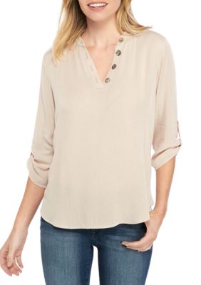 New Directions® Petite Roll Tab Popover Top with Shell Buttons | belk