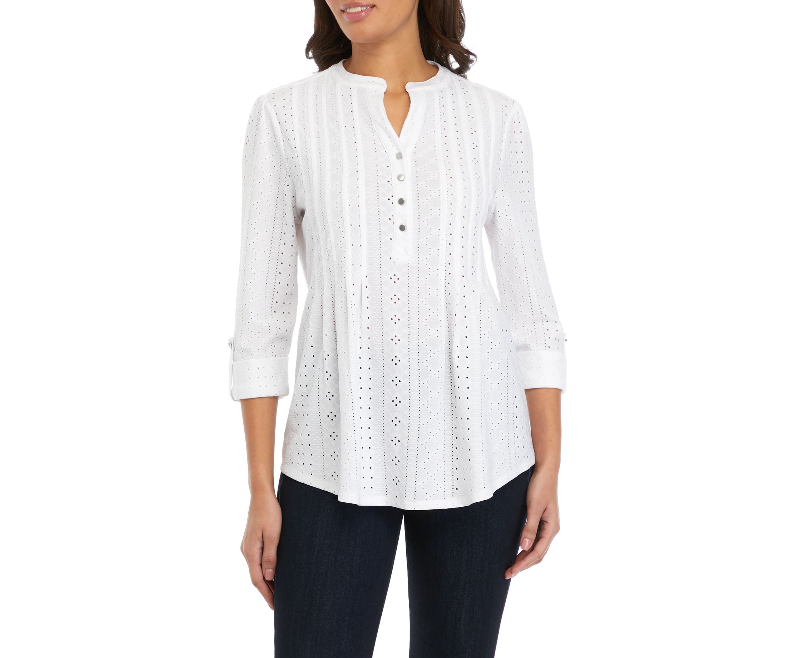 Kim Rogers® Women's Roll Tab Knit Eyelet Henley Top | Belk