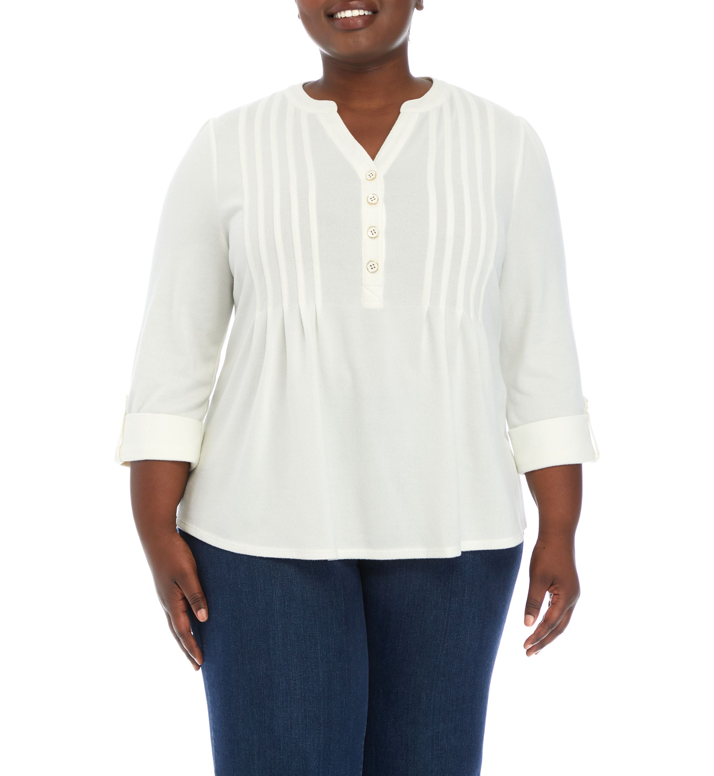 Kim Rogers® Plus Size 3/4 Sleeve Henley Hacci Top | Belk
