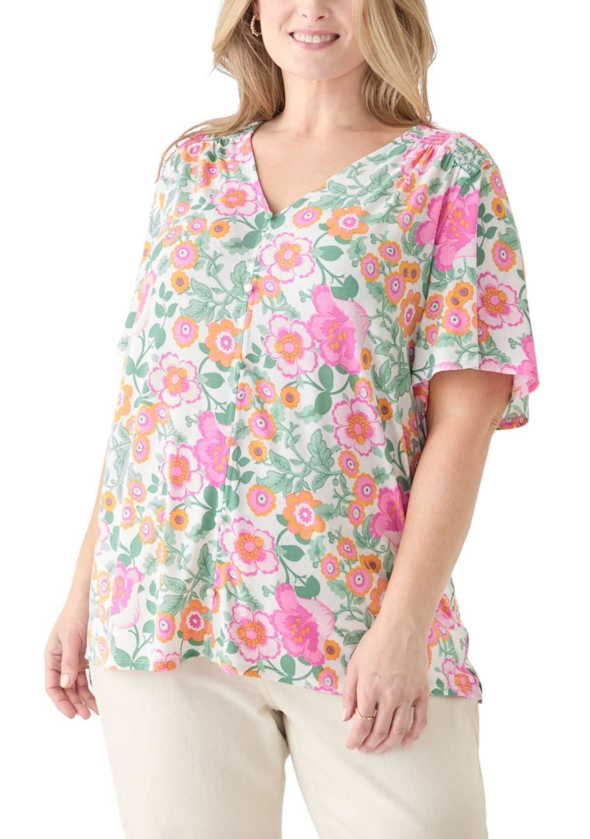 Kim Rogers® Plus Size Printed Button Front V-Neck Top | Belk