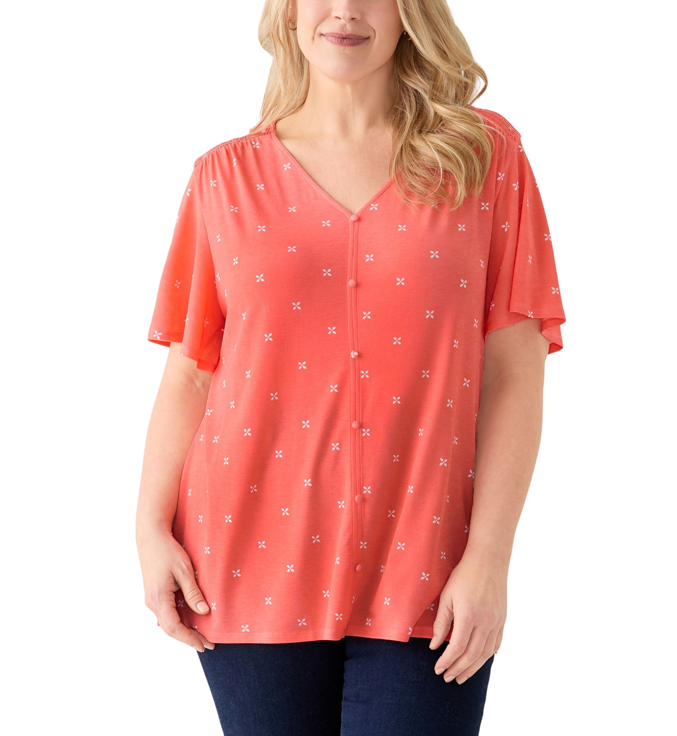 Kim Rogers® Plus Size Flutter Sleeve Button Front V-Neck Top | Belk
