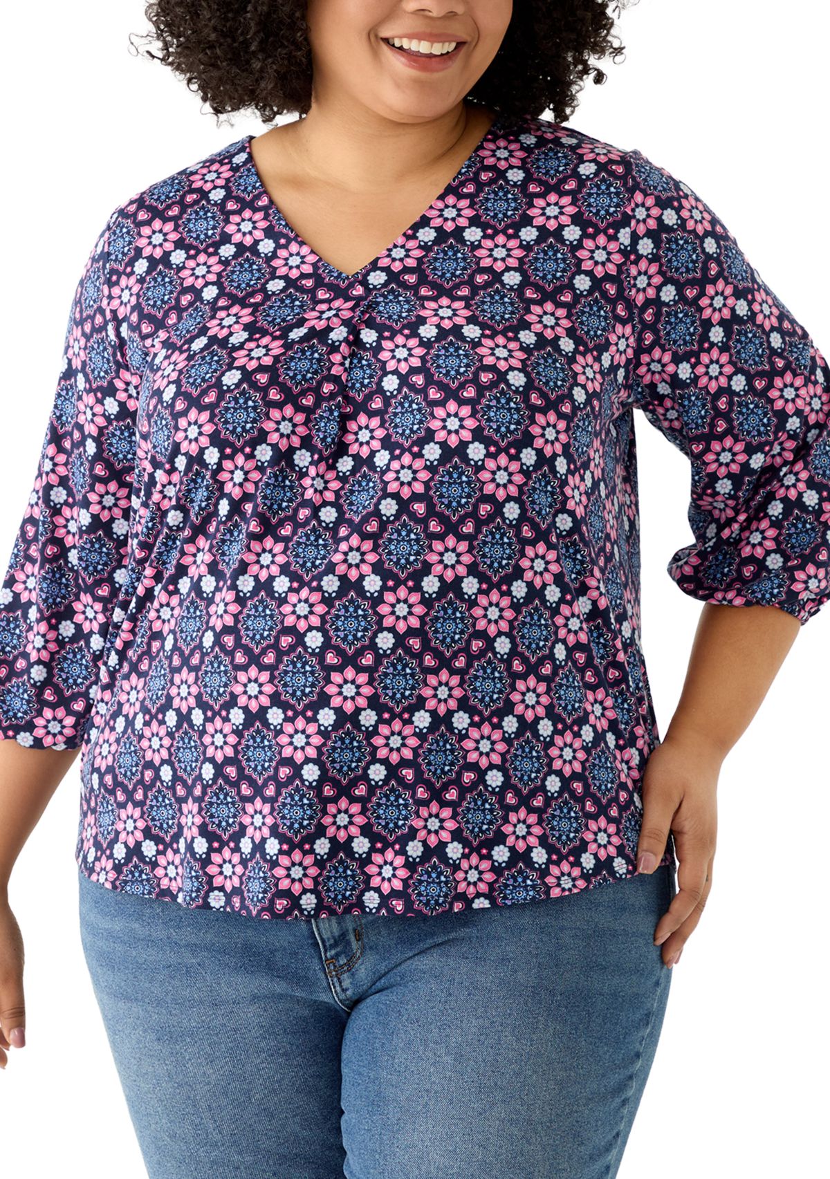 Kim Rogers® Plus Size 3/4 Sleeve V-Neck Pleated Blouse | Belk