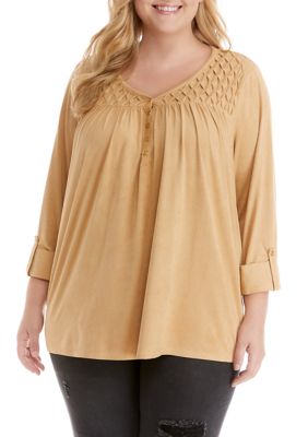 Kim Rogers® Plus Size 3/4 Sleeve Smocked Bib Top | belk