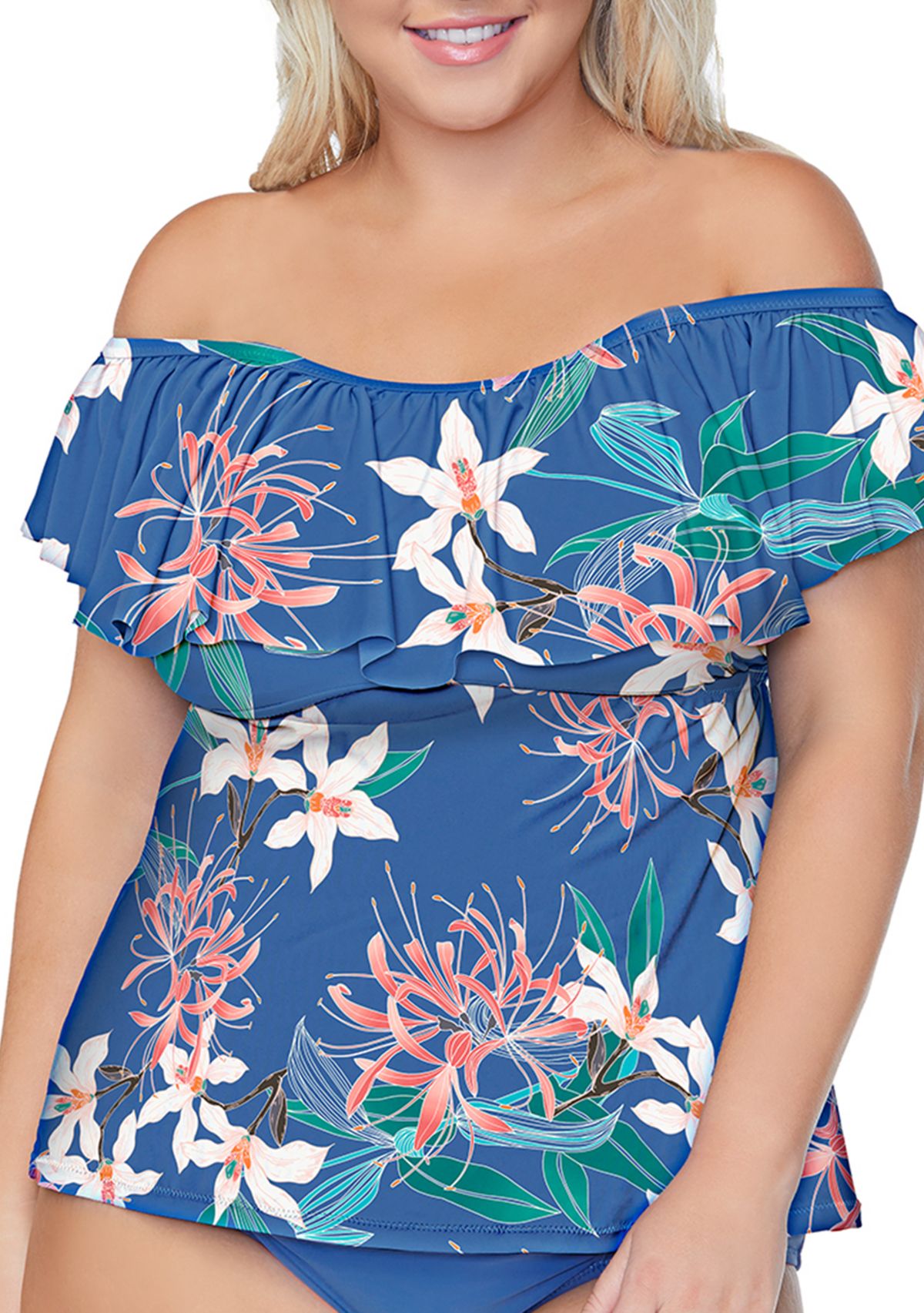 Raisins Plus Size Floral Ruffle Off the Shoulder Swim Tankini Top | Belk