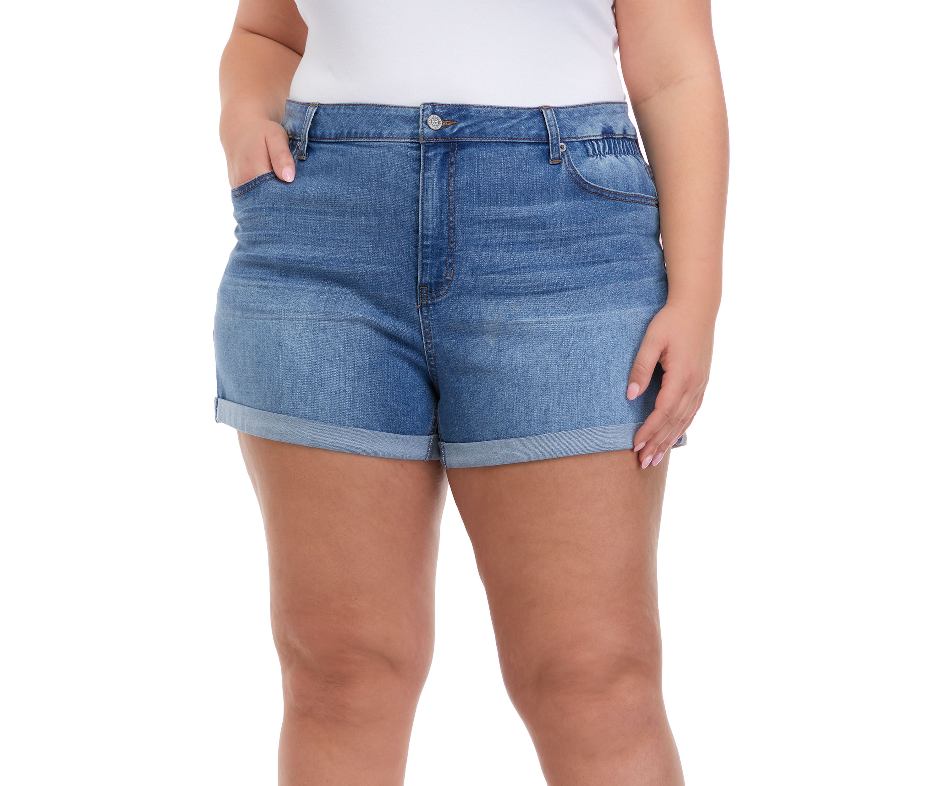 TRUE CRAFT Plus Size High Rise Cinched Roll Cuff Mom Shorts | Belk