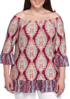 New Directions® Plus Size 3/4 Sleeve Flounce Hem Printed Blouse | belk