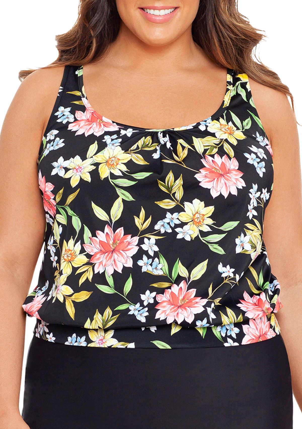 ShapeSolver Sport Plus Size Flora Spirit Shirred Blouson Swim Top | Belk