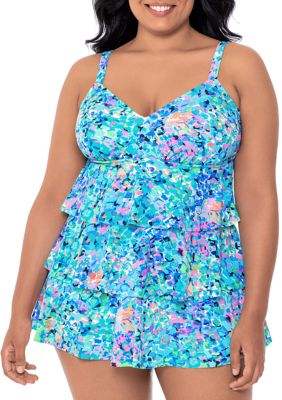 Shapesolver Plus Size Key Largo Triple Tier Swim Dress | belk