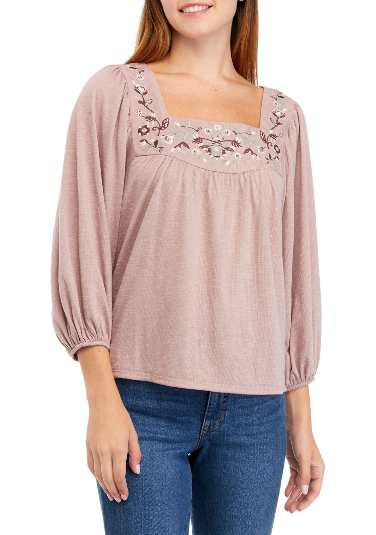 TRUE CRAFT Square Neck Embroidered Top | Belk