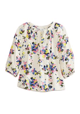 Crown And Ivy™ Womens Blouson Sleeve Floral Split Neck Peasant Top Belk