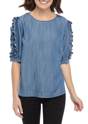 Crown & Ivy™ Women's Short Ruffle Sleeve Denim Shirt | belk