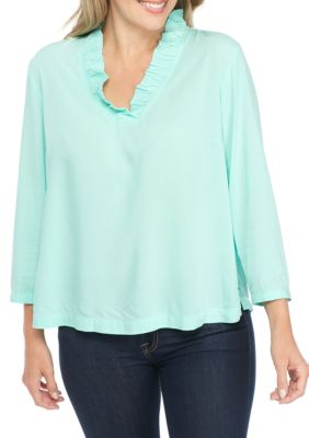 Crown & Ivy™ Petite Three-Quarter Ruffle Neck Solid Top | belk